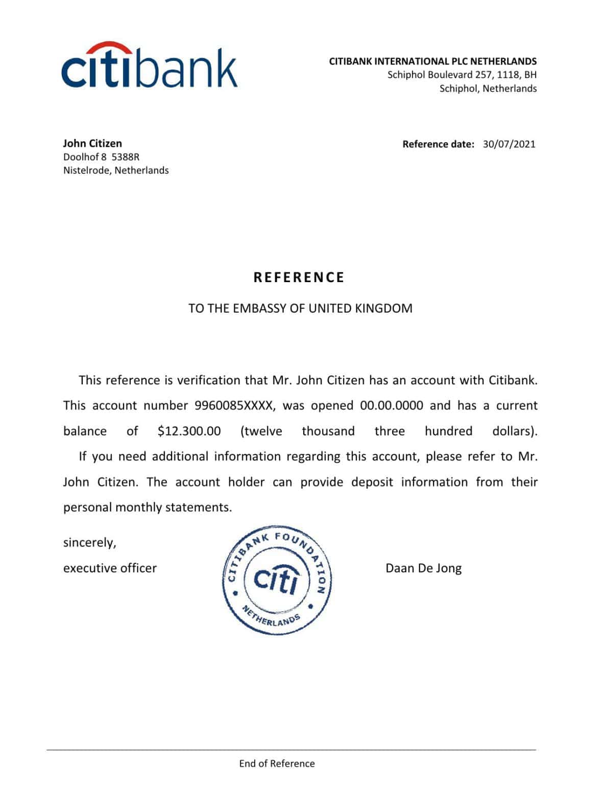 Download Netherlands Citibank Bank Reference Letter Templates ...