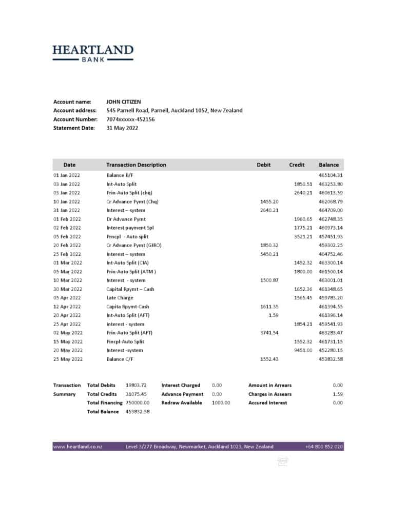 New Zealand Heartland Bank Statement Excel And PDF Template