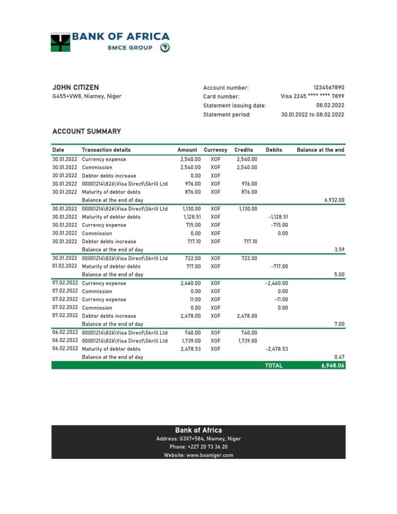 Niger Bank Of Africa Bank Statement Excel And PDF Template