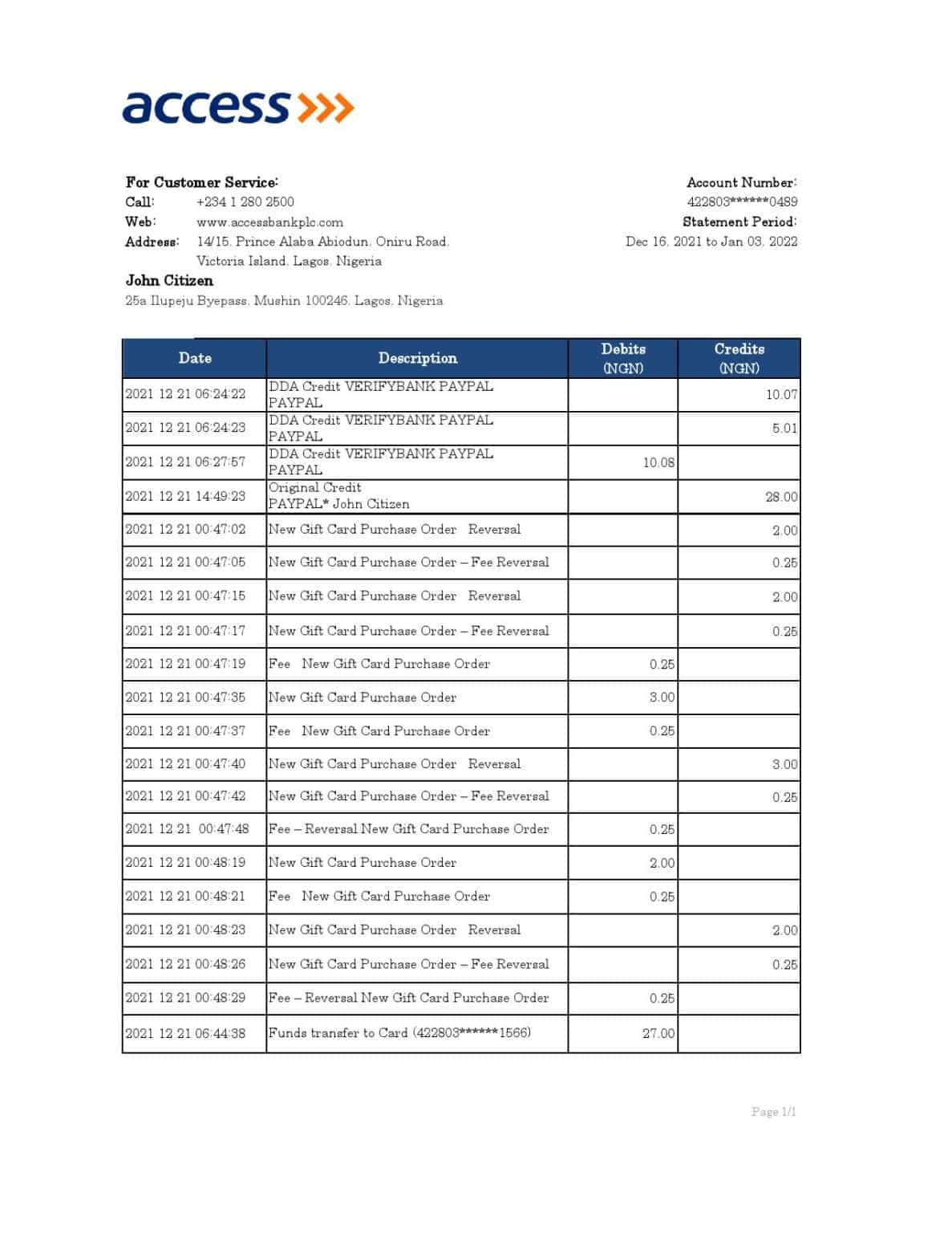 Nigeria Access Bank Statement Excel And PDF Template