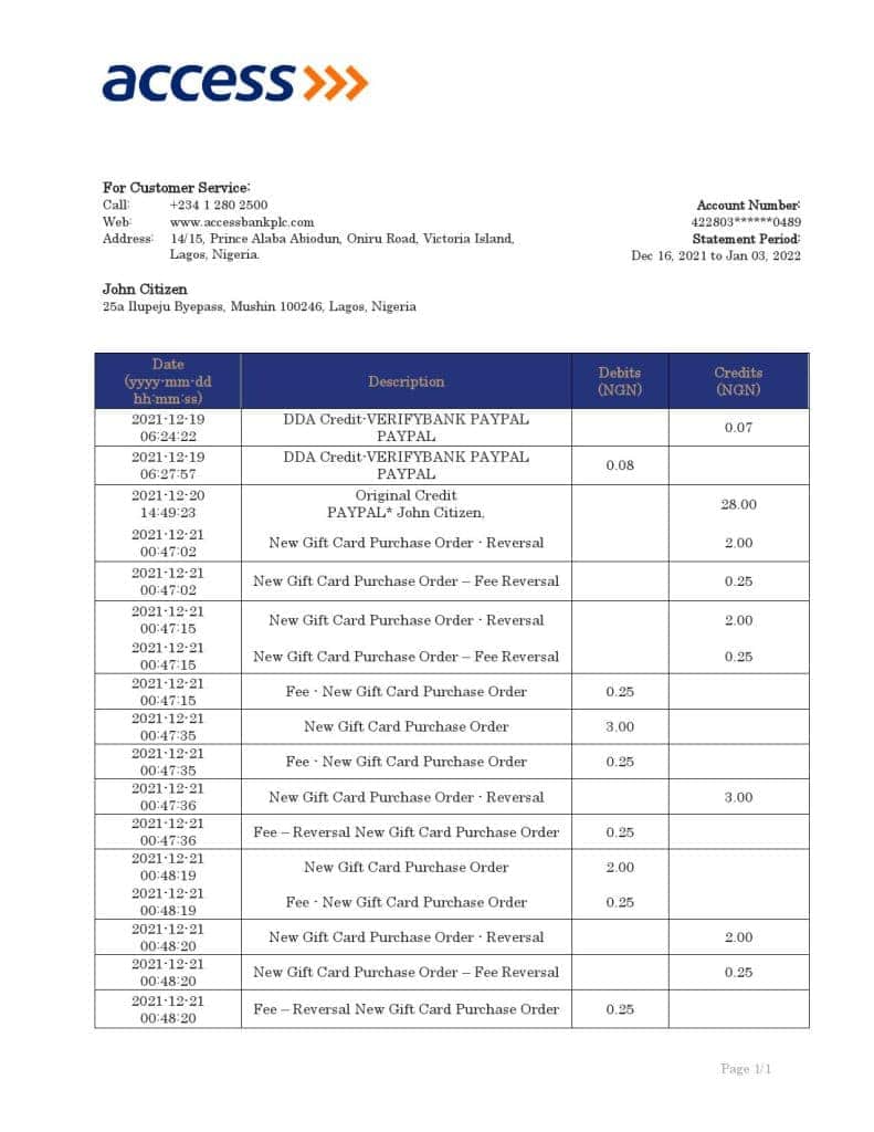 Nigeria Access Bank Statement Template In Word And PDF Format