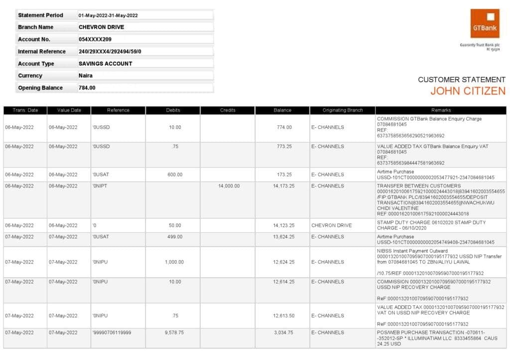 Nigeria GTBank Statement, Word And PDF Template, Version 2