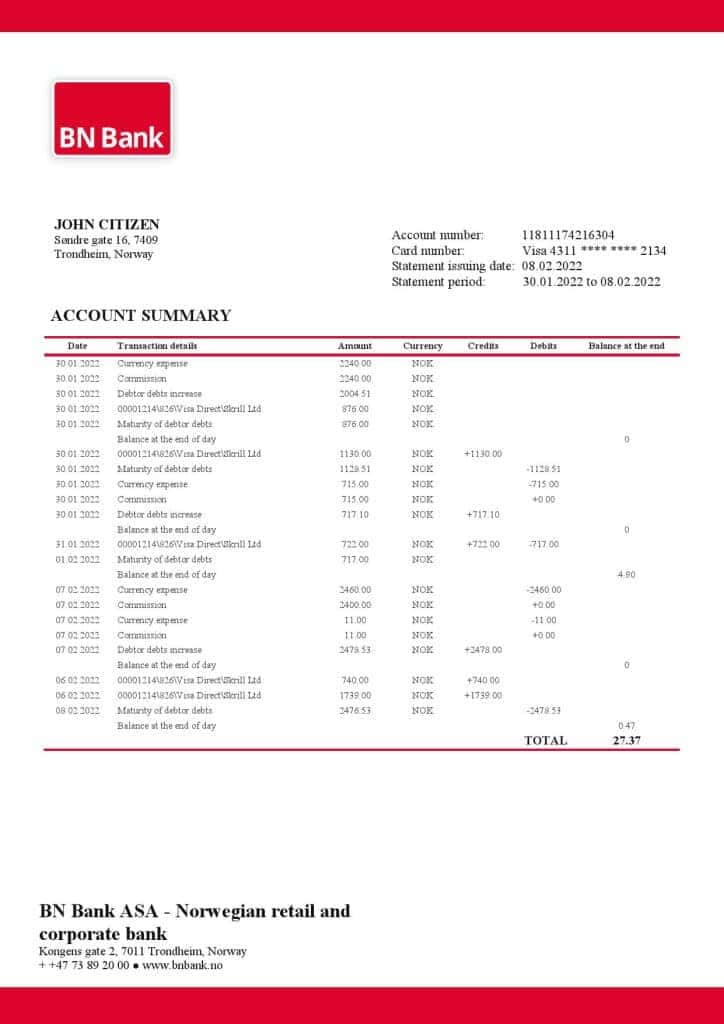Norway BN Bank Statement Template In Word And PDF Format