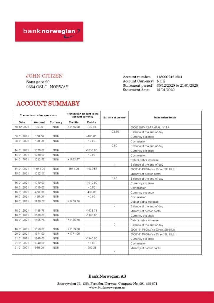 Norway Bank Norwegian AS Bank Statement Easy To Fill Template In Word ...