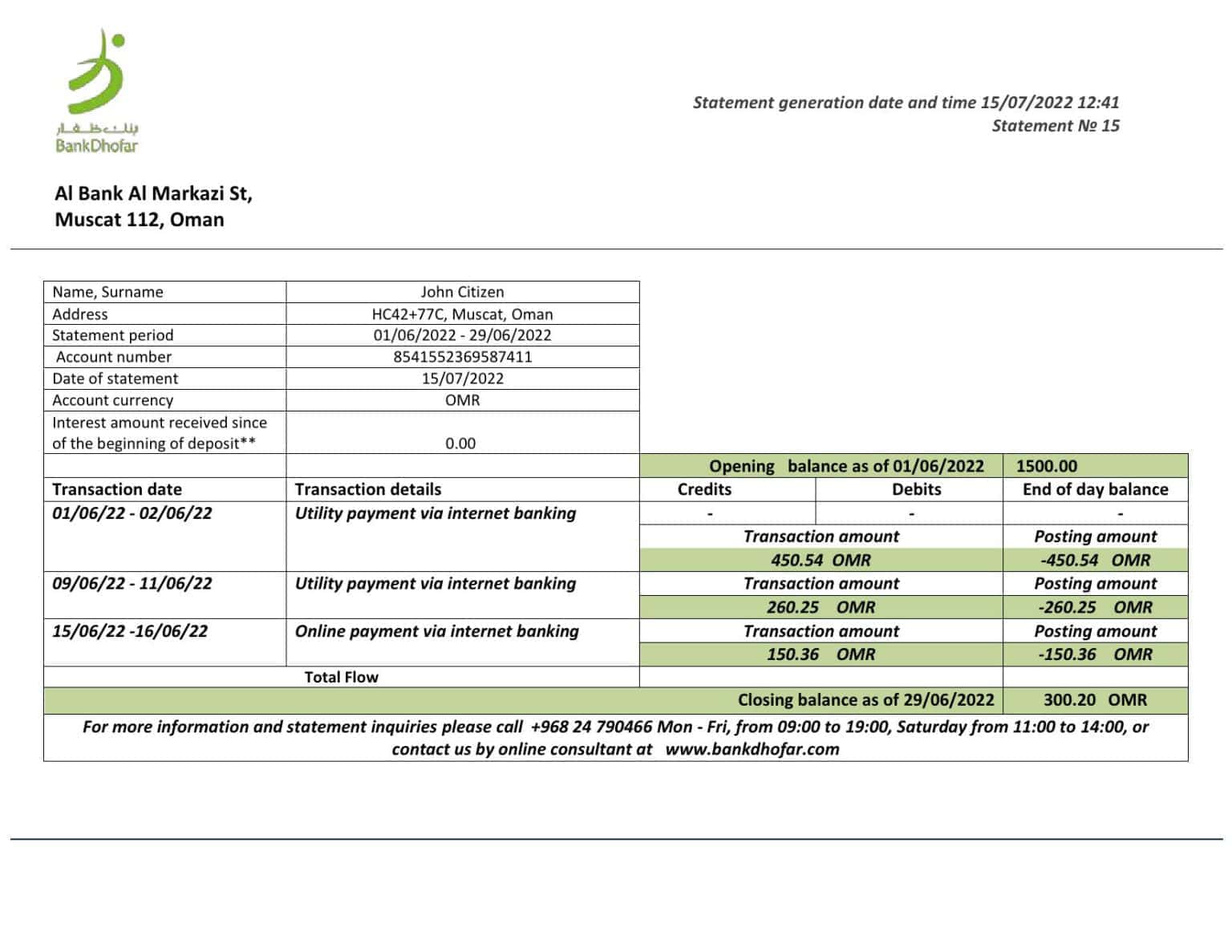 Oman Bank Dhofar Bank Statement Template In Word And PDF Format