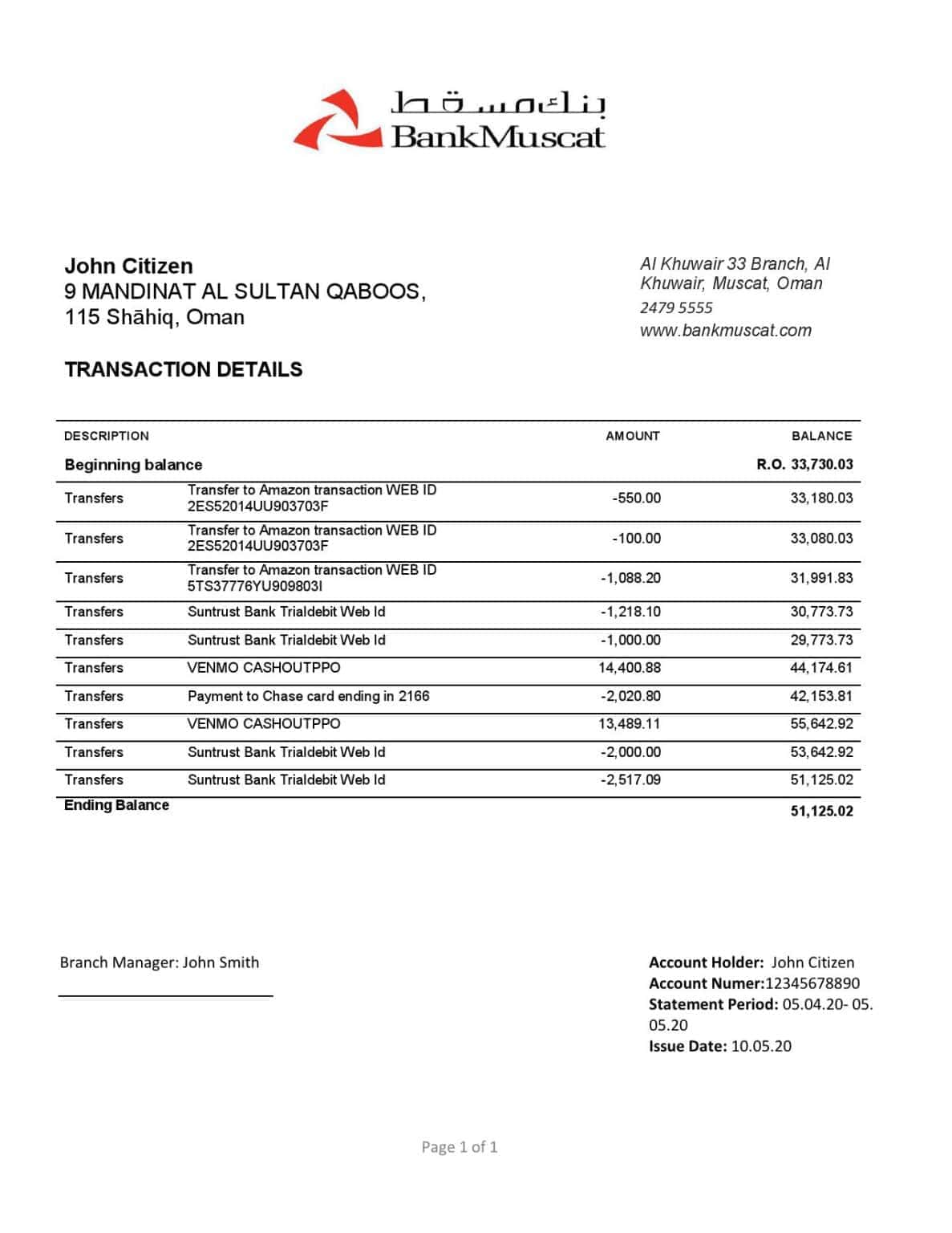 Oman Bank Muscat Proof Of Address Bank Statement Template In Word And ...