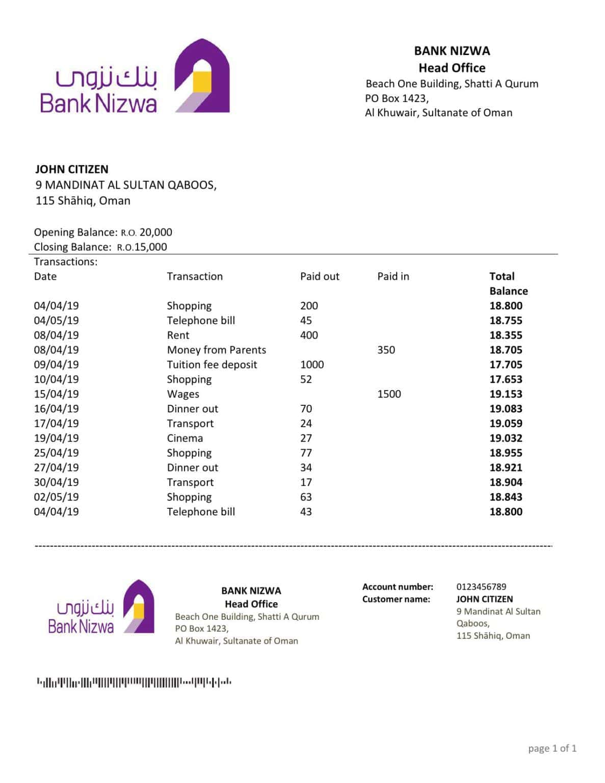 Oman Bank Nizwa Proof Of Address Bank Statement Template In Word And ...