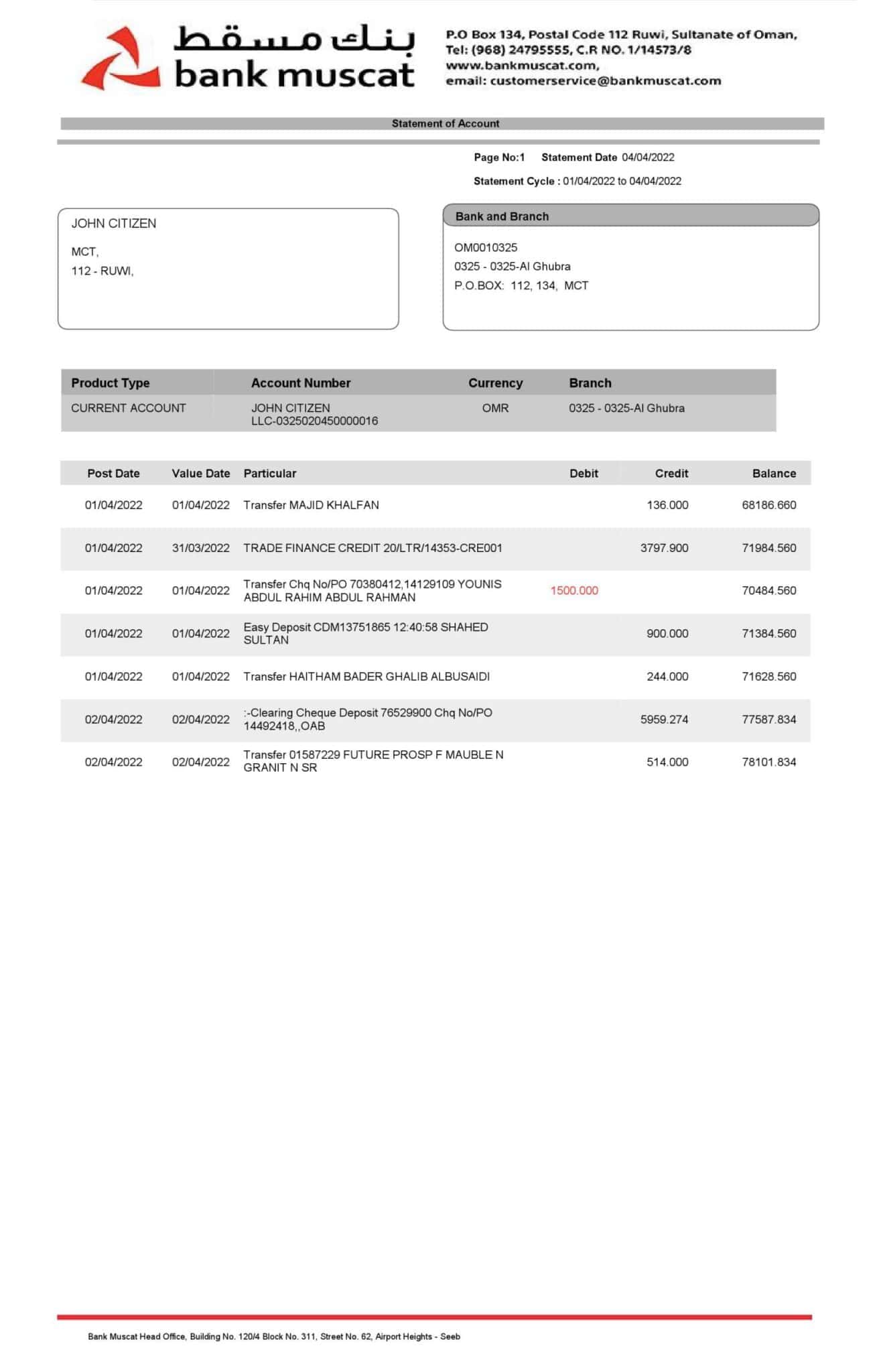 Oman Muscat Bank Statement, Word And PDF Template