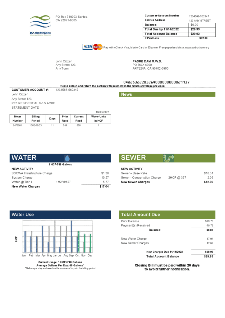 USA California Padredam Utility Bill Template In Word And PDF Format