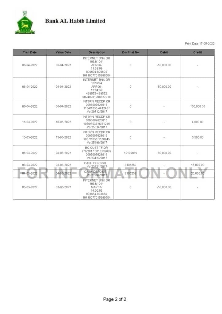 Pakistan Bank Al Habib Bank Statement, Word And PDF Template, 2 Pages