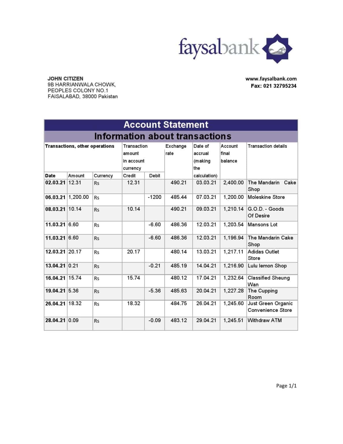 Pakistan Faysal Bank Statement Easy To Fill Template In .xls And .pdf ...
