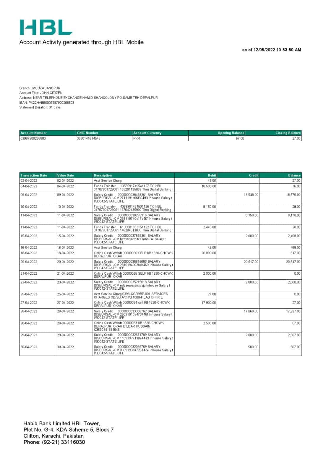Pakistan HBL Bank Statement, Word And PDF Template