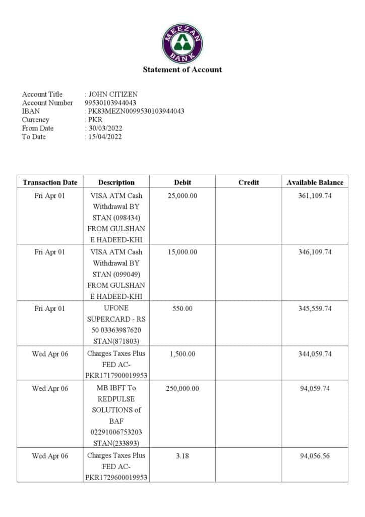 Pakistan Meezan Bank Statement Word And PDF Template, 2 Pages