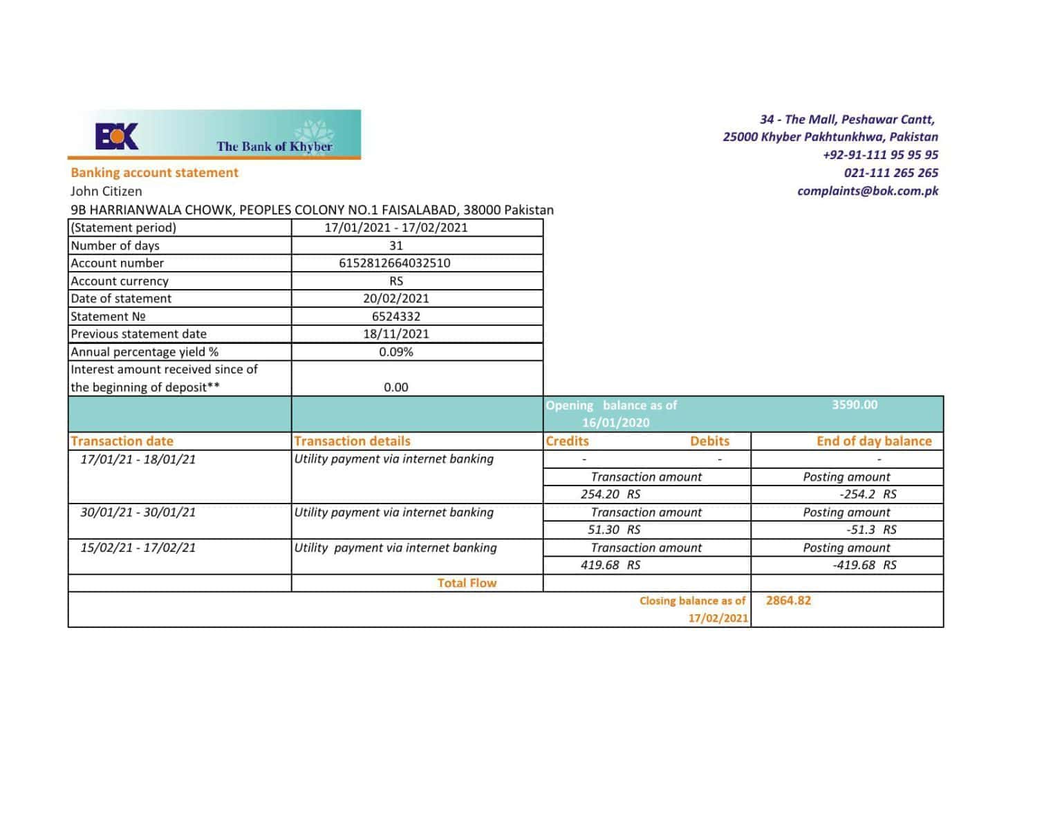 Pakistan The Bank Of Khyber Bank Statement Easy To Fill Template In Excel And PDF Format