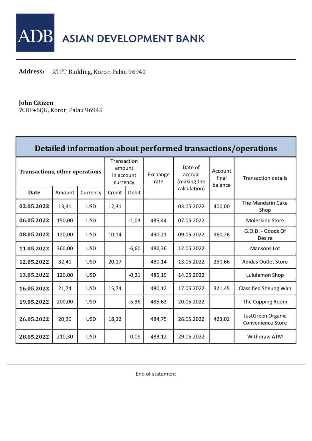Palau ADB Bank Statement Template In Word And PDF Format