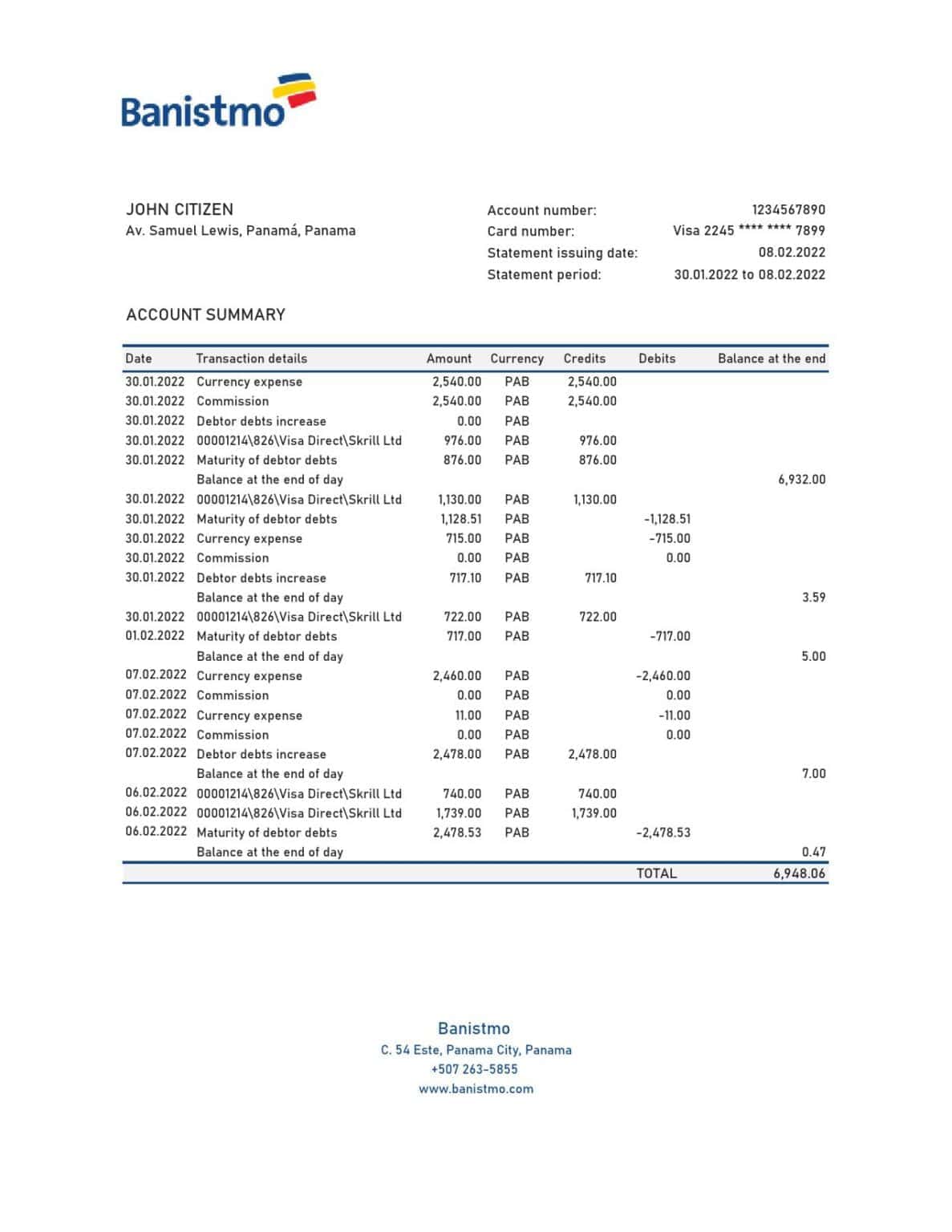 Panama Banistmo Bank Statement Excel And PDF Template