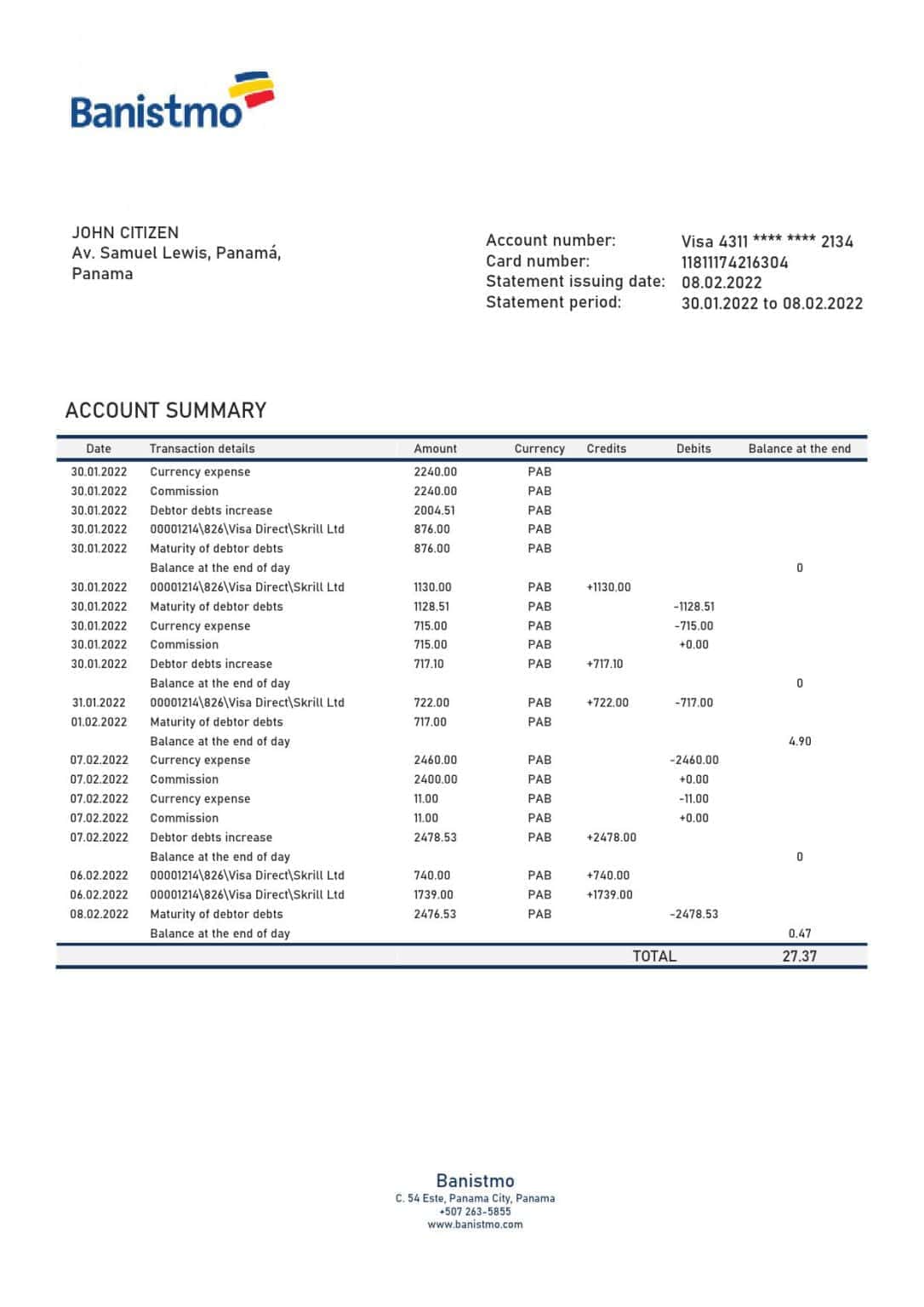 Panama Banistmo Bank Statement Template In Word And PDF Format