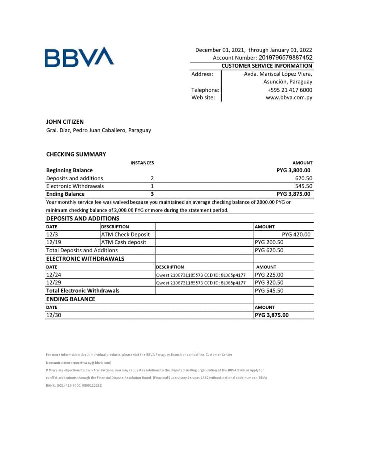 Paraguay BBVA Bank Statement Excel And PDF Template