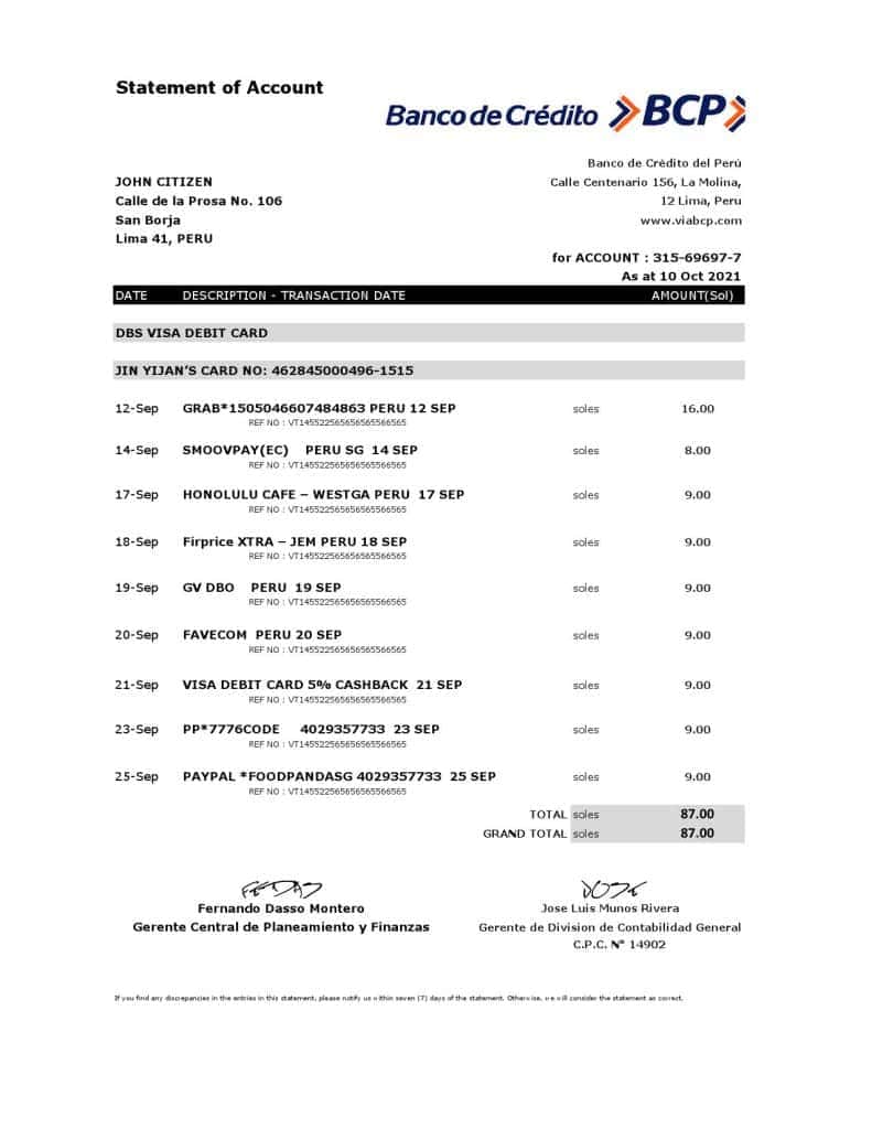 Peru Banco De Credito Del Peru (BCP) Bank Statement Easy To Fill ...