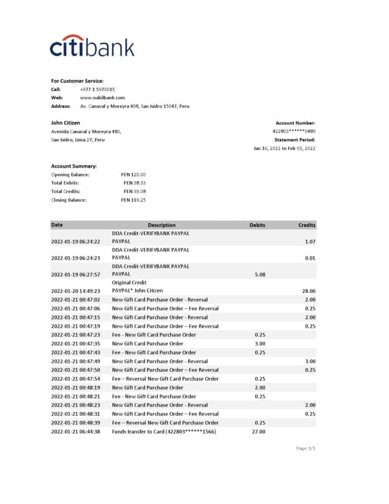 Peru Citibank Bank Statement Excel And PDF Template