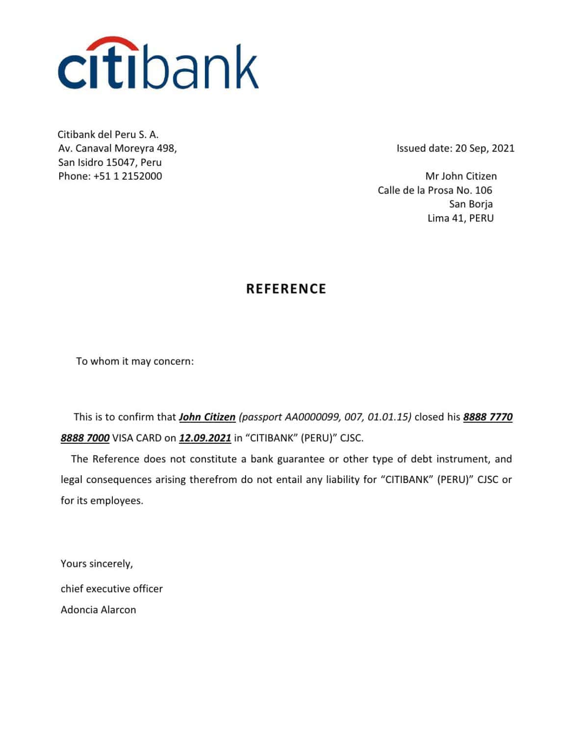 Download Peru Citibank Bank Reference Letter Templates | Editable Word