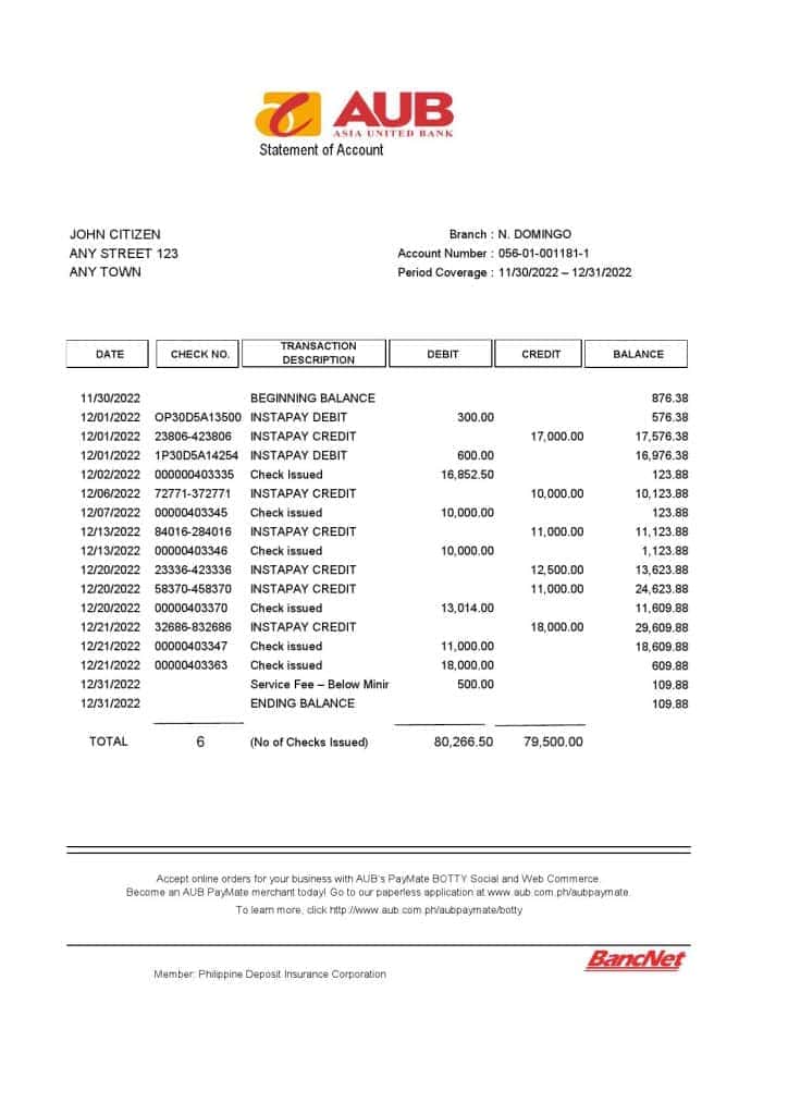 Philippines Asia United Bank (AUB) Account Statement Excel And PDF Template