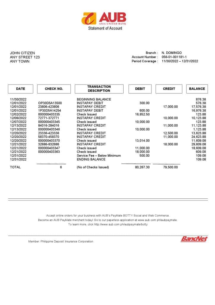 Philippines Asia United Bank (AUB) Account Statement Word And PDF Template