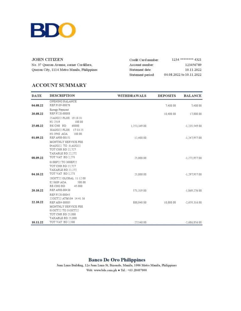 Philippines BDO Bank Statement Excel And PDF Template