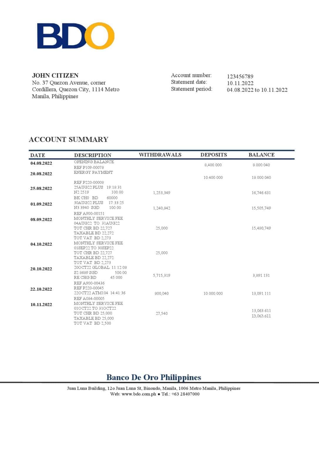 Philippines BDO Bank Statement Template In Word And PDF Format