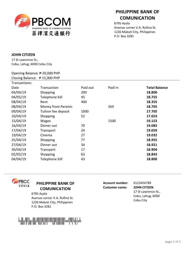 Philippines Bank Of Communications Proof Of Address Bank Statement ...