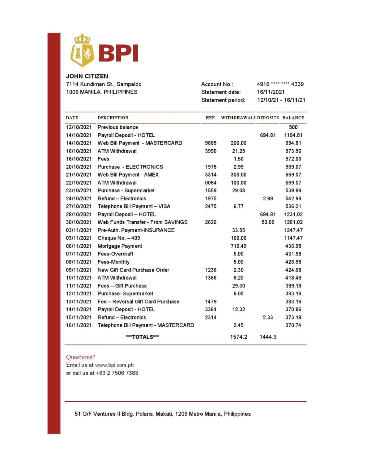 Philippines Bank Of The Philippine Bank Statement Easy To Fill Template ...