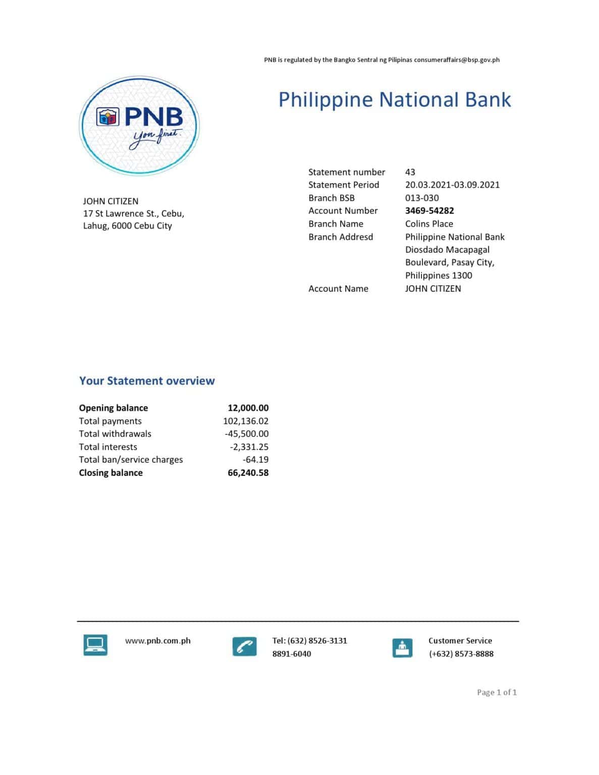 Philippines National Bank (PNB) Proof Of Address Bank Statement ...