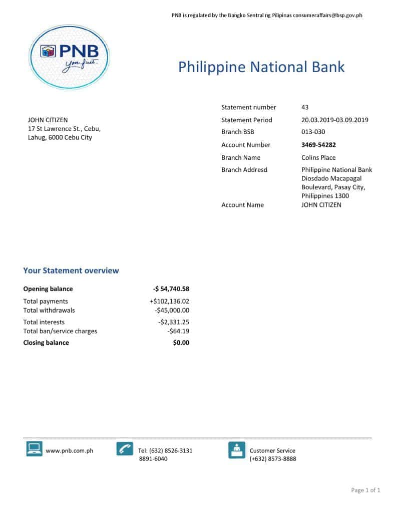 Philippines National Bank (PNB) Proof Of Address Bank Statement ...
