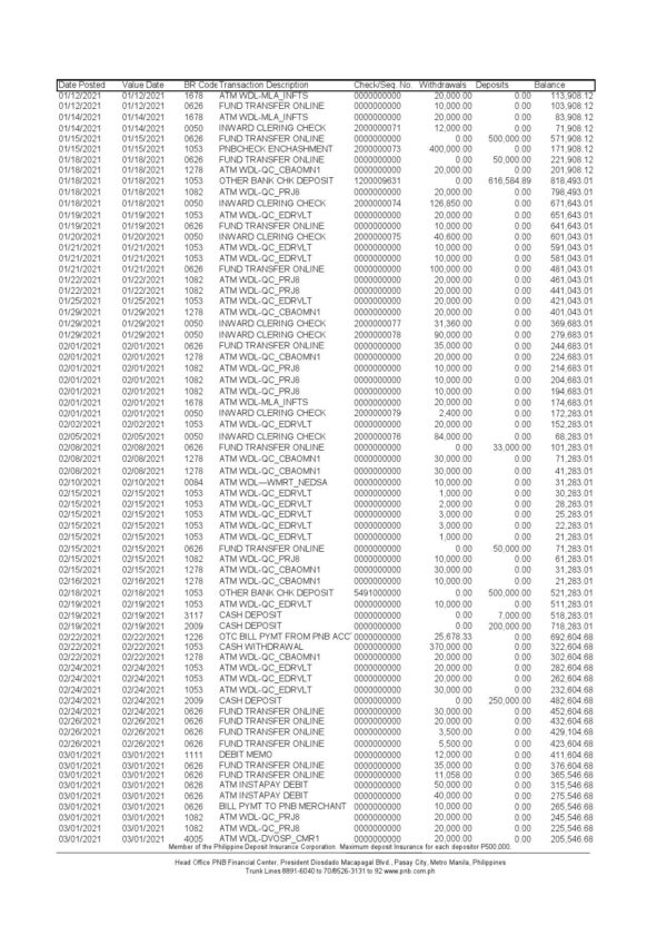 Philippines PNB Bank Statement Template In Excel And PDF Format (4 Pages)