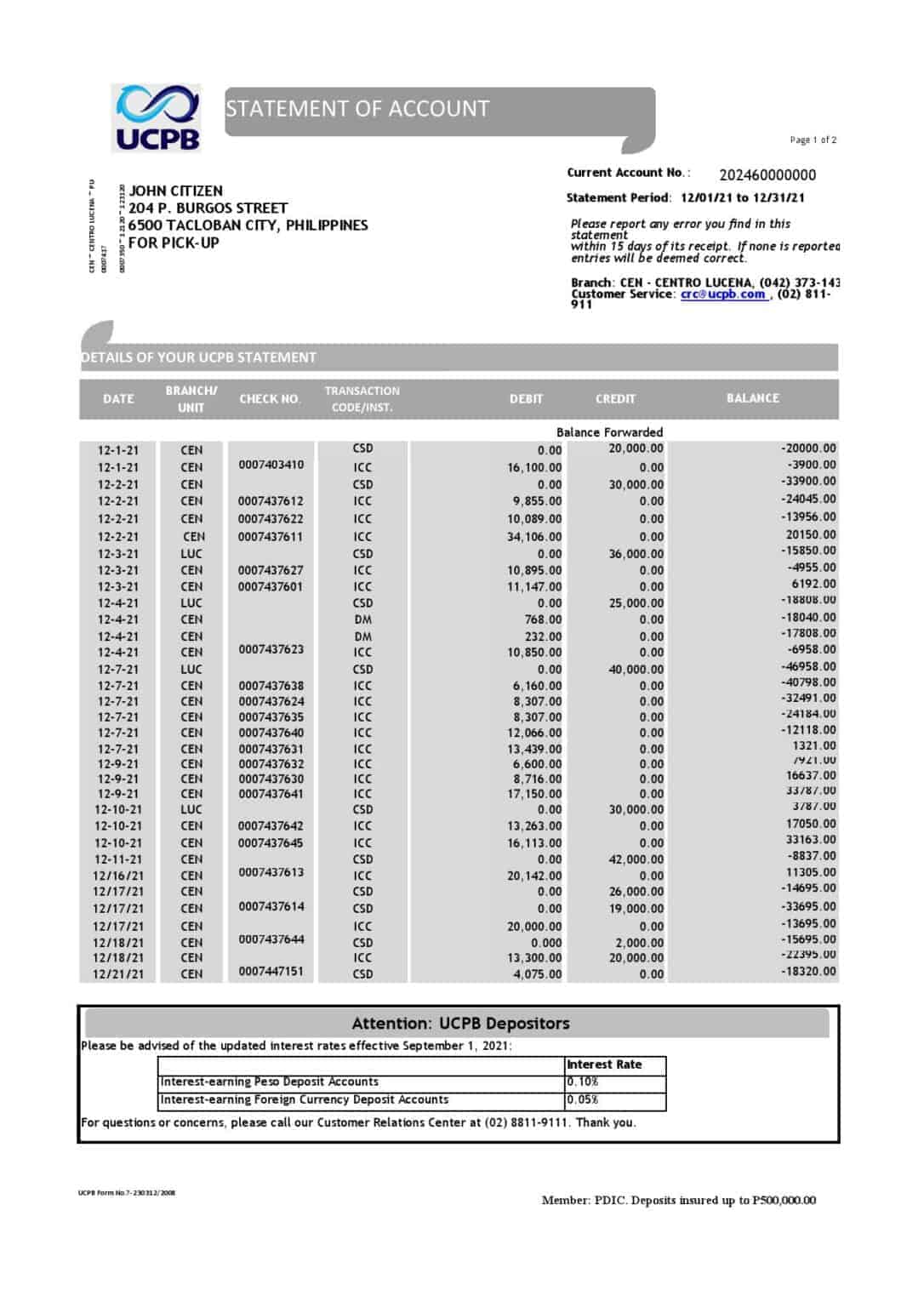 Philippines UCPB Bank Statement Of Account Template In Excel And PDF Format