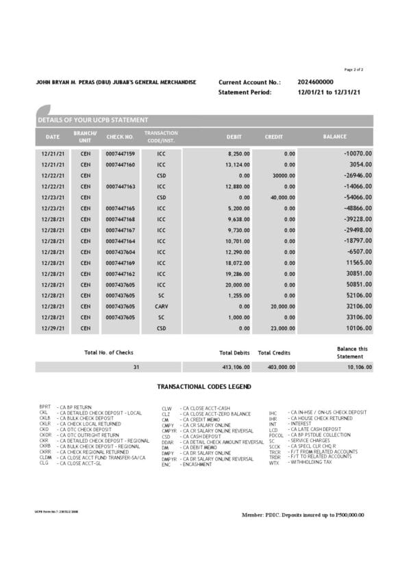 Philippines UCPB Bank Statement Of Account Template In Excel And PDF Format
