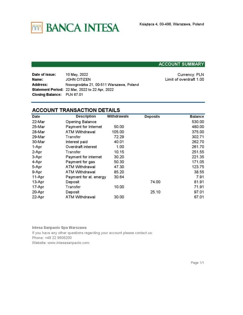 Poland Banca Intesa Bank Statement Excel And PDF Template