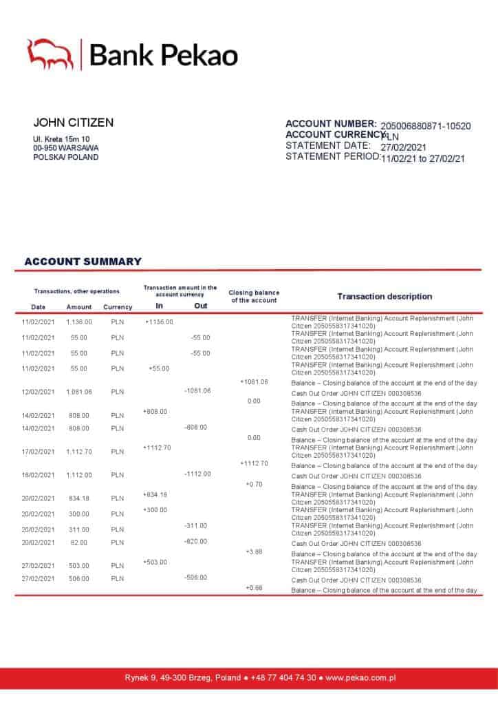 Poland Bank Pekao S.A Bank Statement Template In .doc And .pdf Format ...