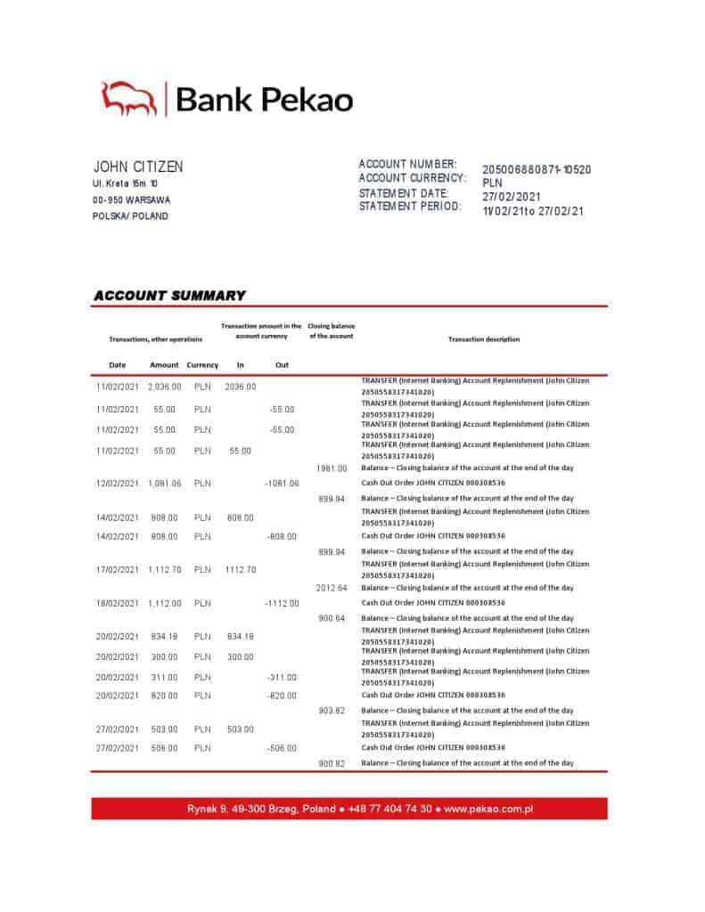 Poland Bank Pekao S.A. Bank Statement Easy To Fill Template In Excel ...
