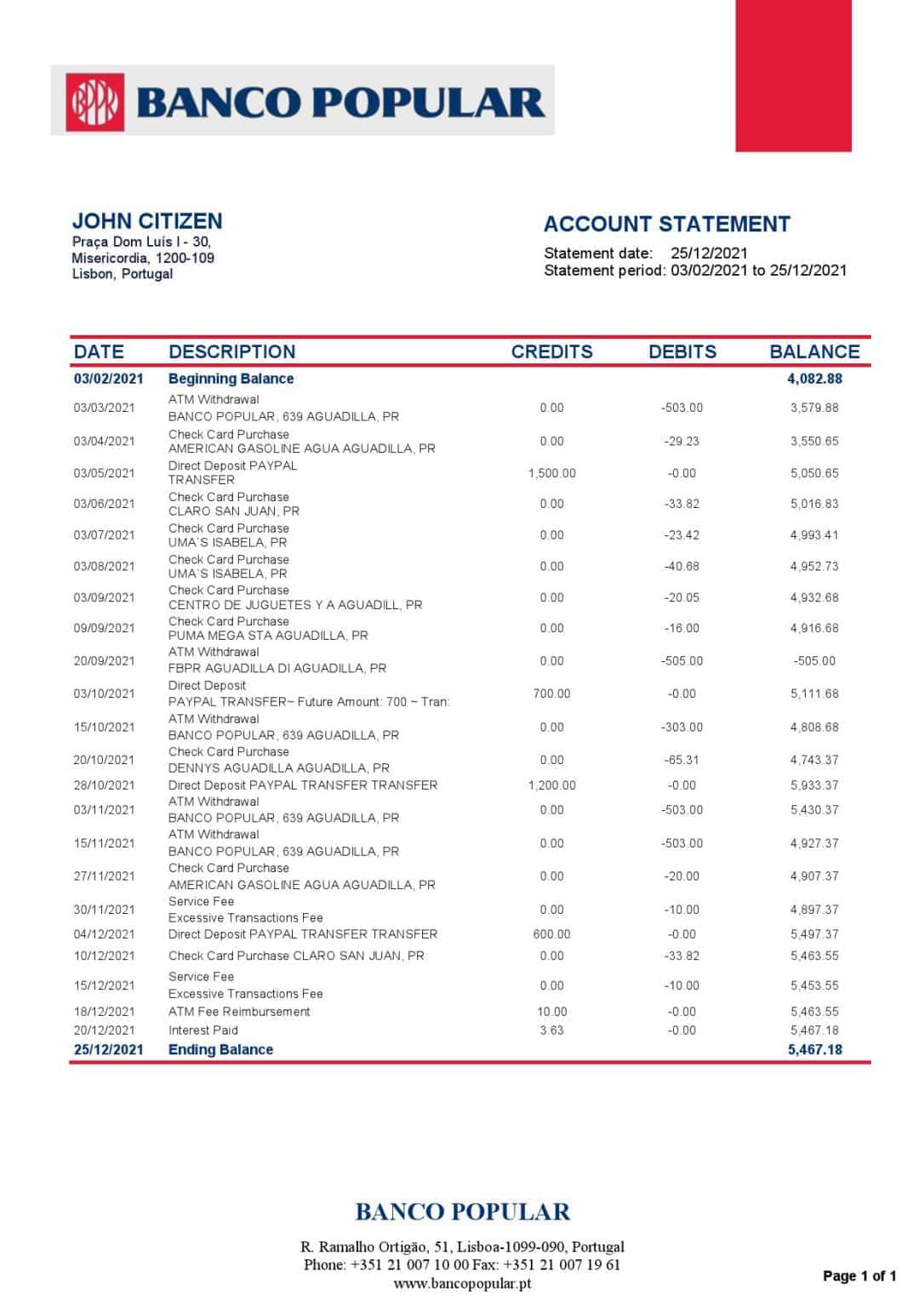 Portugal Banco Popular Bank Statement In Word And PDF Format