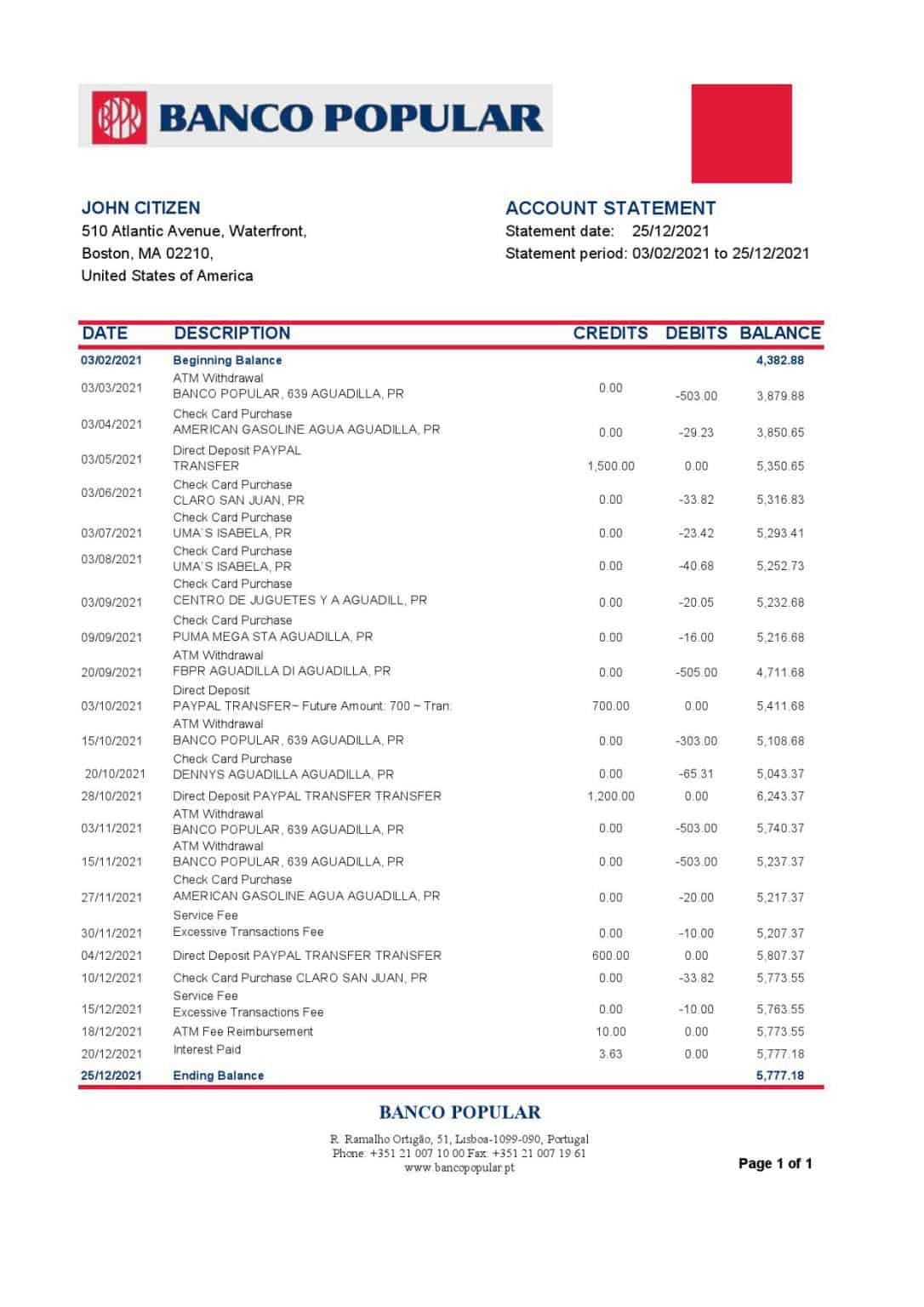 Portugal Banco Popular Bank Statement Template In Excel And PDF Format ...
