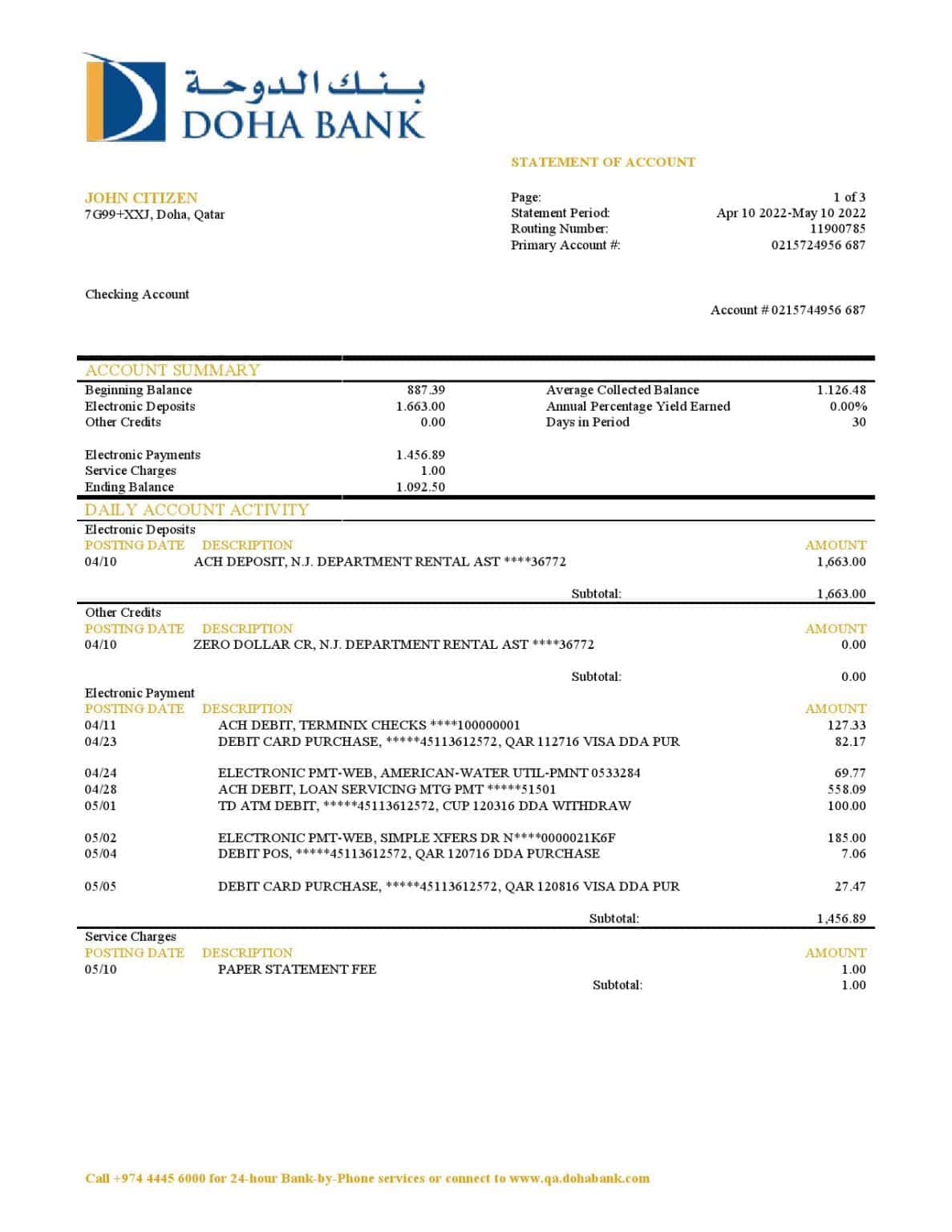 Qatar Doha Bank Statement Template In Word And PDF Format