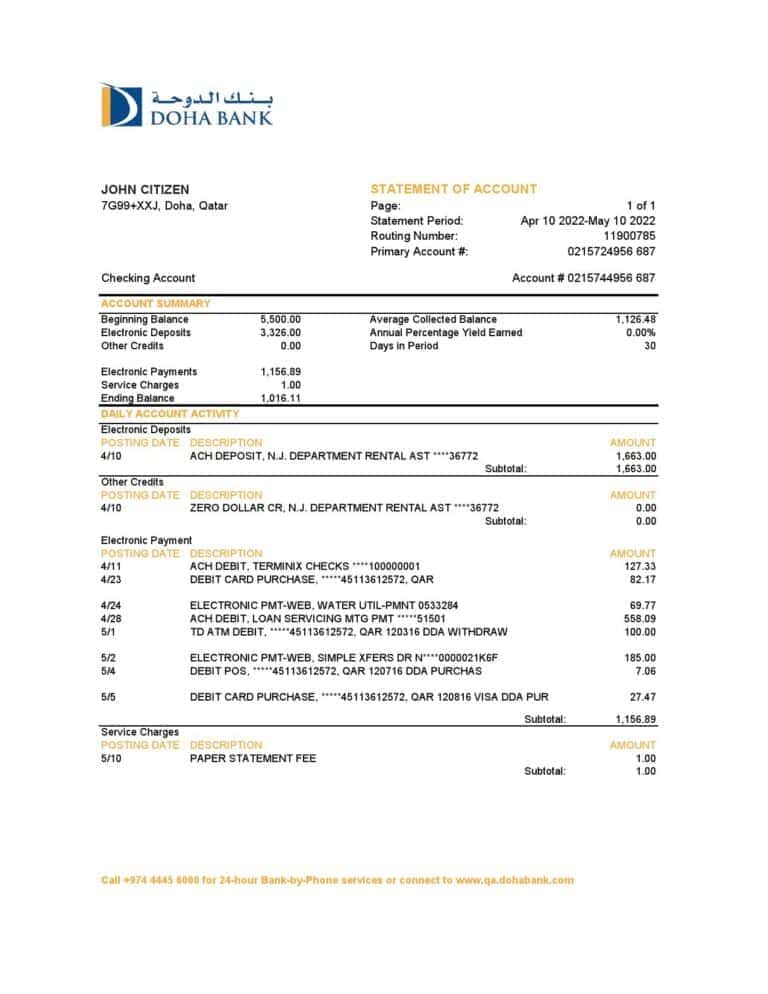 Qatar Doha Bank Statement, Excel And PDF Template