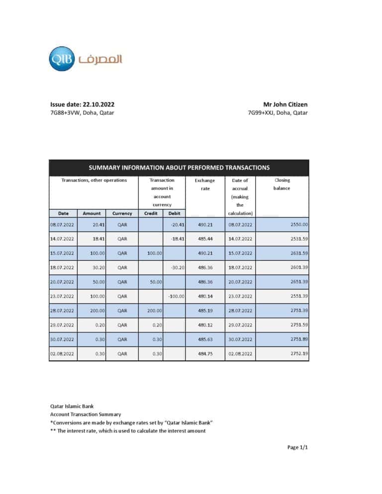 Qatar Islamic Bank Statement, Excel And PDF Template