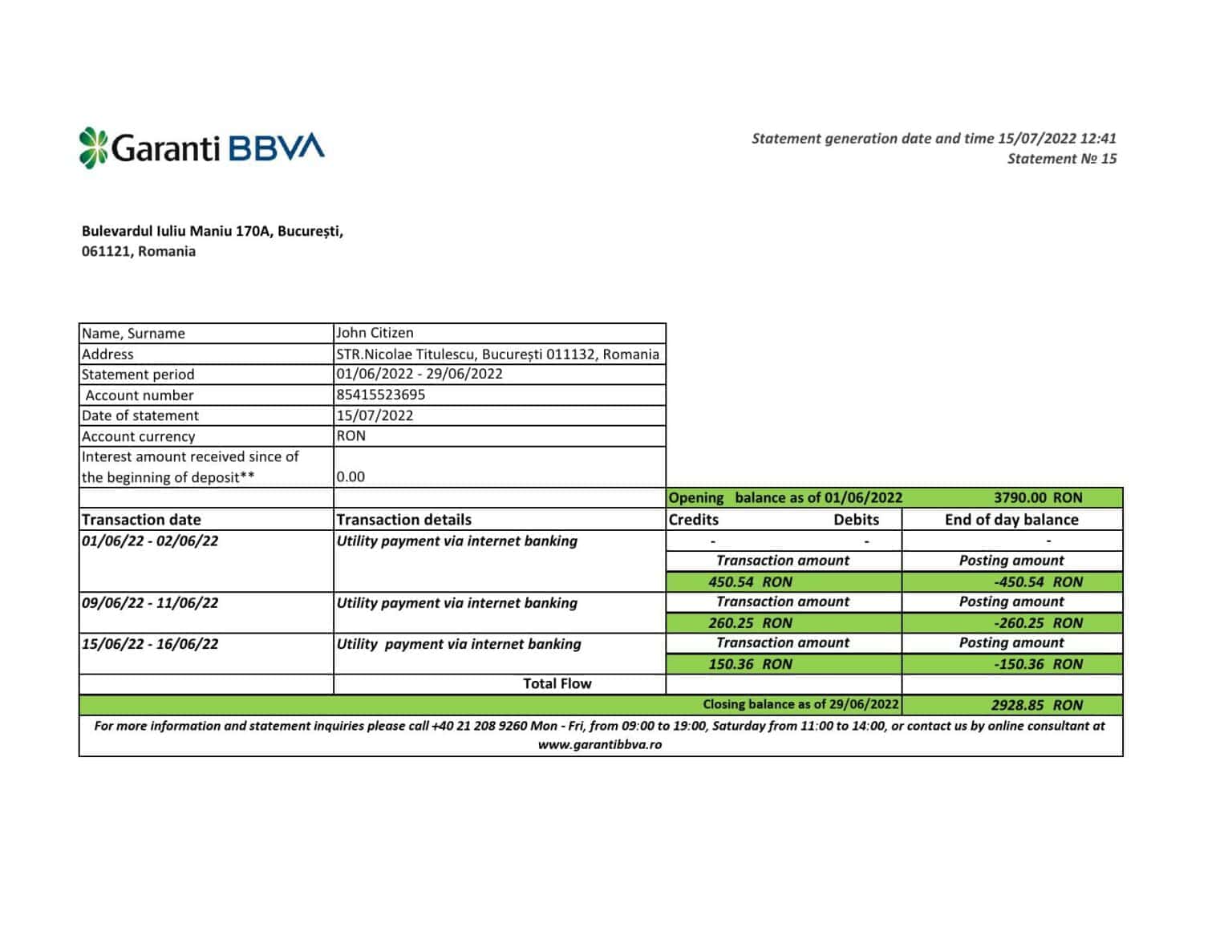 Romania Garanti BBVA Bank Statement, Excel And PDF Template