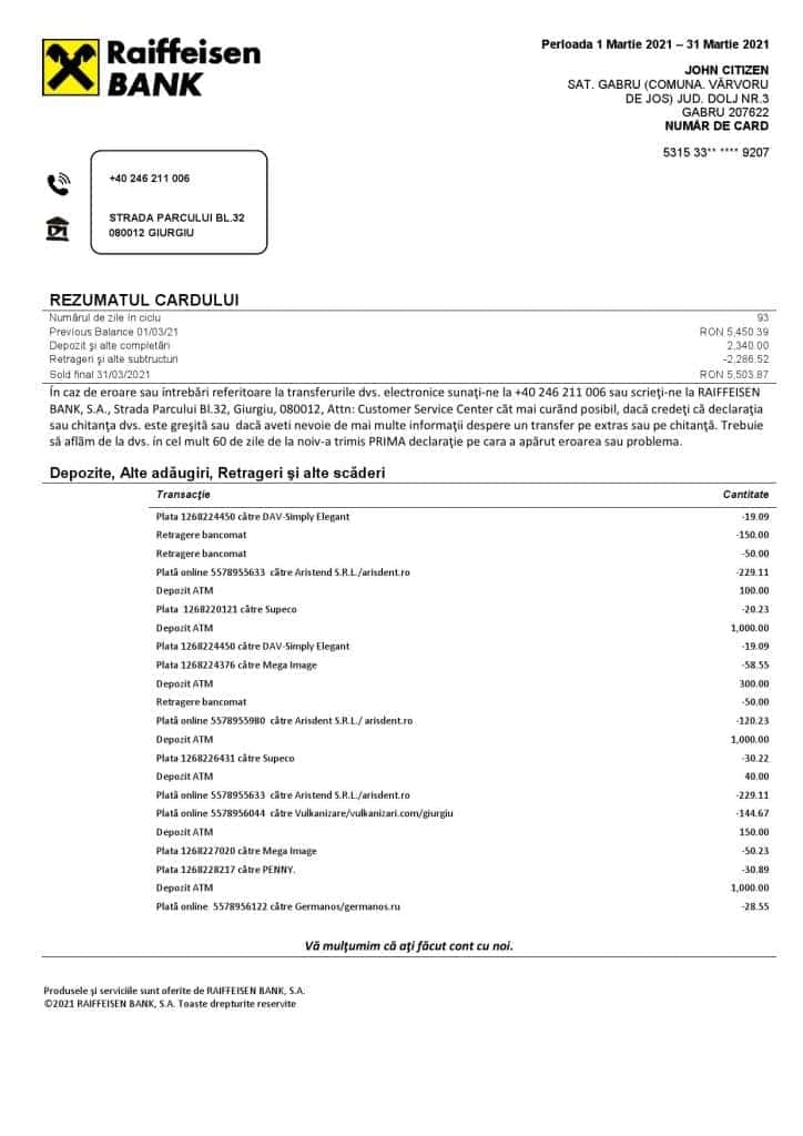 Romania Raiffeisen Bank Statement Template In Word And PDF Format (in ...