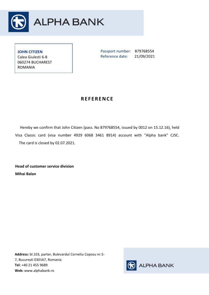 Download Romania Alpha Bank Reference Letter Templates | Editable Word