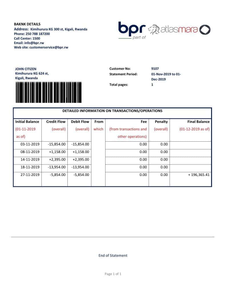 Rwanda BPR Bank Statement Template In Word And PDF Format