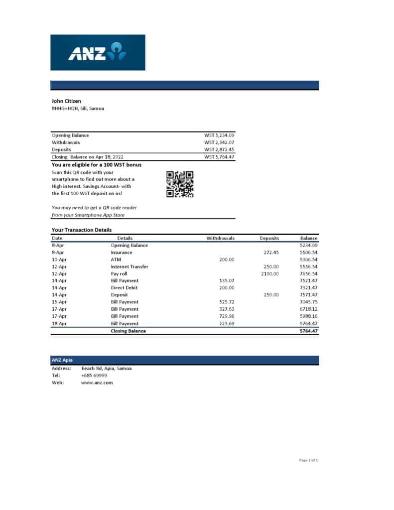 Samoa ANZ Bank Statement, Excel And PDF Template | Mr. Verify