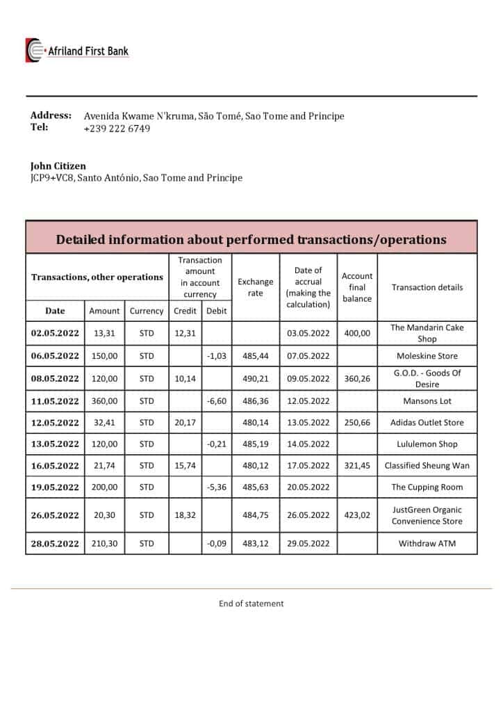 Sao Tome And Principe Afriland First Bank Bank Statement Template In ...